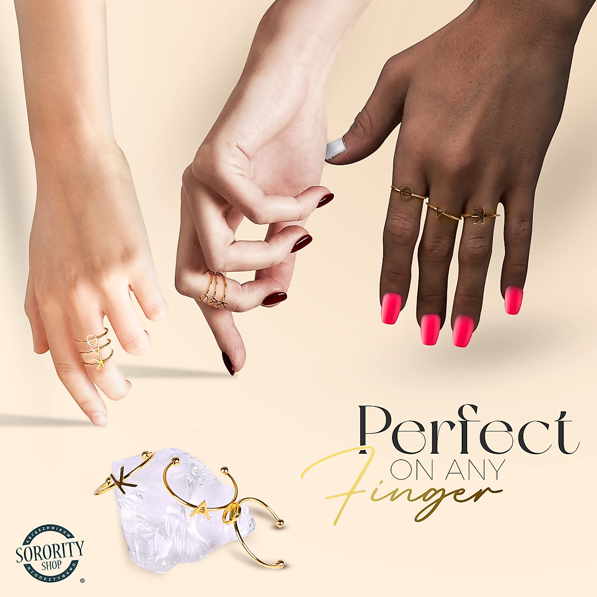 Sorority Shop Phi Mu Stacking Ring Set - Adjustable Rings with 18k Gold Plating