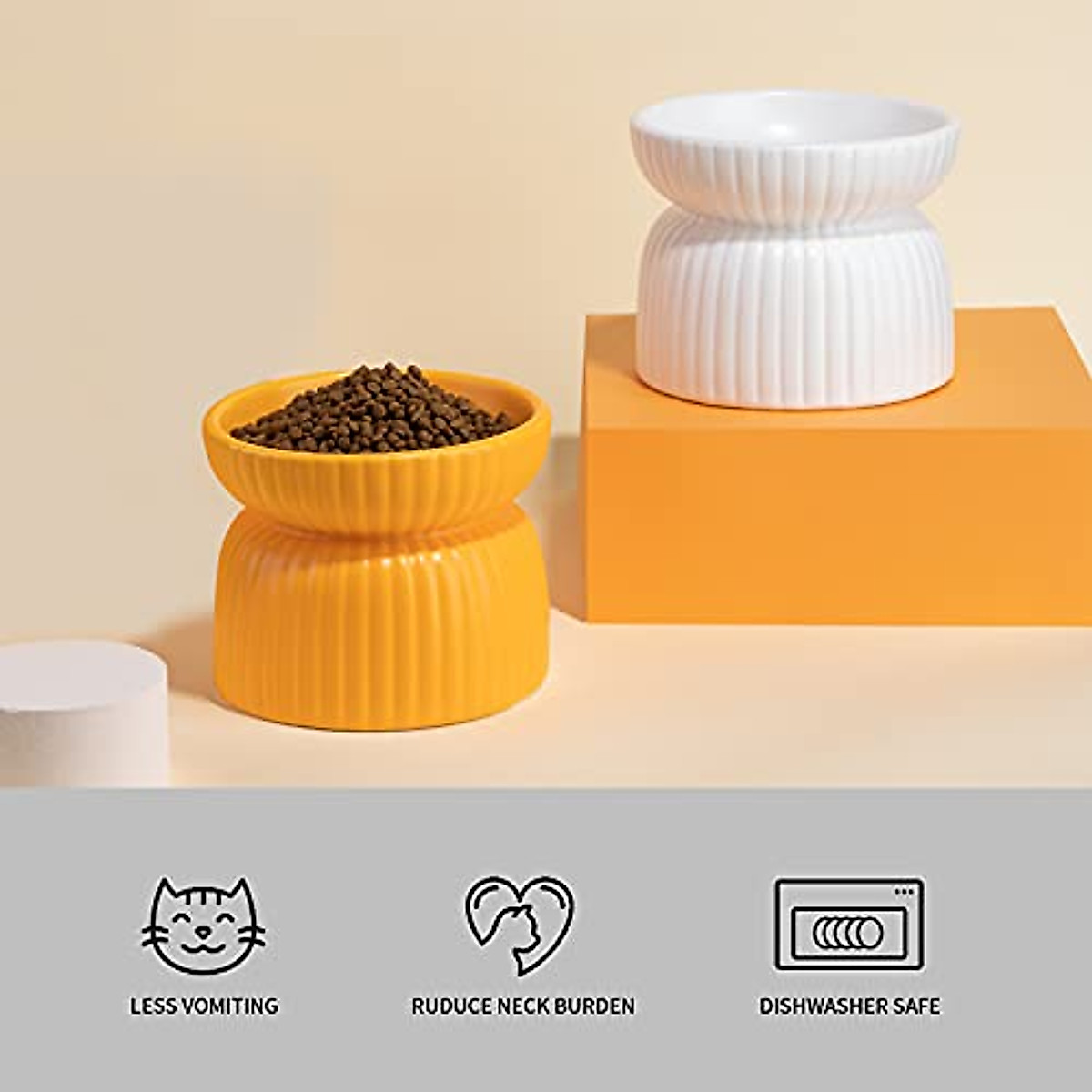 GOCESS Cat Food Bowls,Elevated-Cat Bowls for Food and Water,Ceramic Raised Cat Bowls for Indoor Cats and Small Dogs,Cat Dishes Set of 2,White