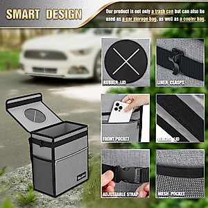 K KNODEL Car Trash Can with Lid, Leak-Proof Car Garbage Can with Storage Pockets, Waterproof Auto Garbage Bag Hanging for Headrest (Small, Gray)