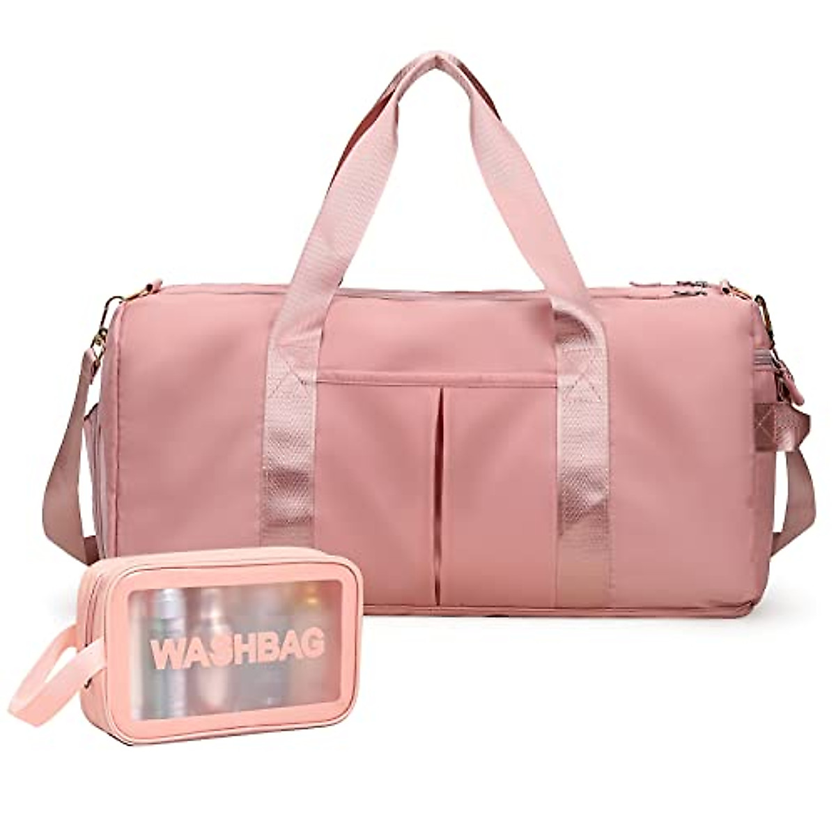Gym Duffle Bag for Women Men Sport Travel Duffle Bag with Toiletry Bag, Small Gym Bag with Wet Pocket & Shoe Compartment, Overnight Bag Hospital Bags for Labor and Delivery - Pink