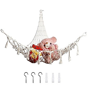 Stuffed Animal Toy Storage Hammock, BetterJonny Toy Hammock Macrame Stuff Animal Storage Corner Hanging Net Holder with Hanging Hardware for Plush Toys Kids Bedroom Décor 55 inch