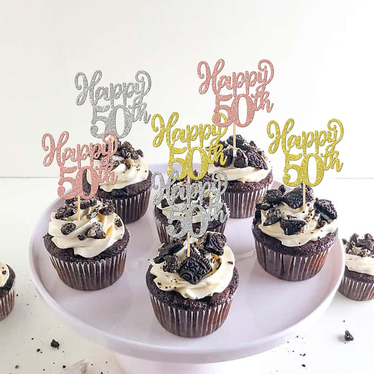 24PCS Happy 50th Cupcake Toppers Gold Rose Gold Silver Glitter Fifty Cheers to 50 Cupcake Picks 50 Fabulous Number 50 Birthday Cake Decorations for 50th Birthday Wedding Anniversary Party Supplies