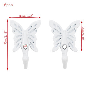 Mewutal 6PCS Butterfly Shaped Wall Hooks White Wall Mounted Coat Hangers Zinc Alloy Towel Hooks for Tie Bag Clothes Scarf, with Screws (Length: 55mm/2.17", Width: 1.38")