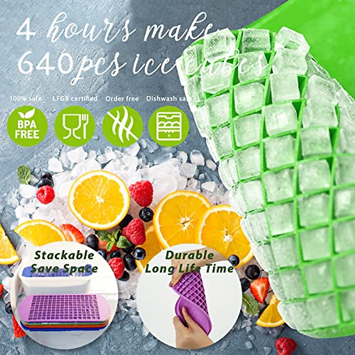 Mini Ice Cube Trays Silicone With Bin for Freezer, 4 Pack 640 Chewy Small Ice 6PCS Set, Tiny Crushed Ice Maker Molds for Chilling Coffee Juice Cocktail Whisky Boba, With Storage Box & Ice Scoop
