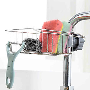Kitchen Faucet Rack, Stainless Steel Sink Sponge Storage Drain Rack, Bathroom Hanging Shelf, for Soap Dish Brush Dishcloth