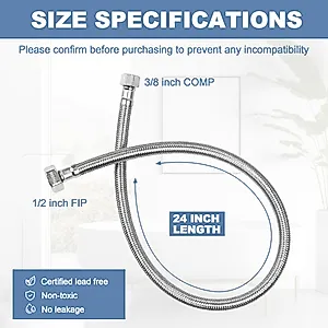 Miucui [4-Pack 24 Inch] 1/2" FIP x 3/8" COMP Faucet Supply Lines, Bathroom Faucet Hose Connector, 304 Stainless Steel Braided Water Supply Line