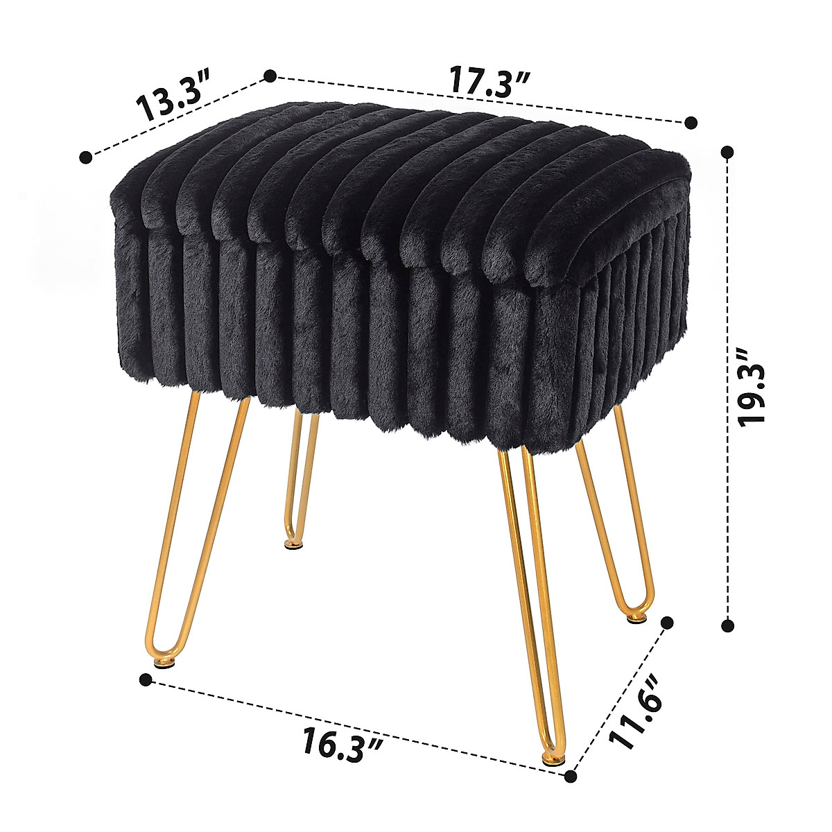 AKOZLIN Velvet Storage Ottoman Seat Modern Soft Vanity Stool Chair with 4 Gold Metal Legs for Makeup,Drawing,Living Room-Black 16.5" W x 13.4" D x 19.3" H