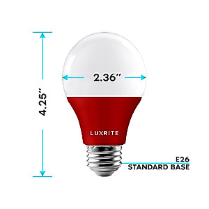 LUXRITE A19 LED Red Light Bulbs, 60W Equivalent, Non-Dimmable, UL Listed, E26 Standard Base, Indoor Outdoor, Porch, Christmas, Decoration, Party, Holiday, Event, Home Lighting (2 Pack)