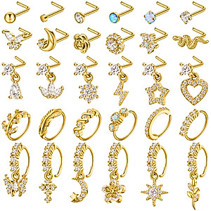 30 Pcs Dangling Nose Rings 20g Nose Ring Hoop L Shaped Stainless Steel Dangling Nose Studs Cute Nose Piercing Jewelry for Women (Gold)