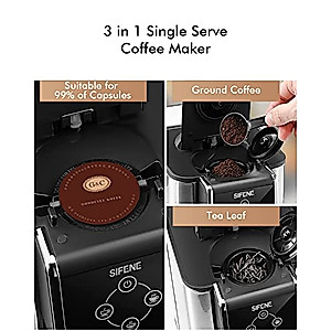 SIFENE Single Serve Coffee Machine, 3 in 1 Pod Coffee Maker For Single Serve Capsule pod, Ground Coffee Brewer, Leaf Tea Maker, 6 to 10 Ounce Cup, Removable 50 Oz Water Reservoir