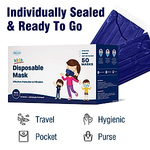 WECARE Disposable Face Masks For Kids, 50 Navy Face Masks, Individually Wrapped