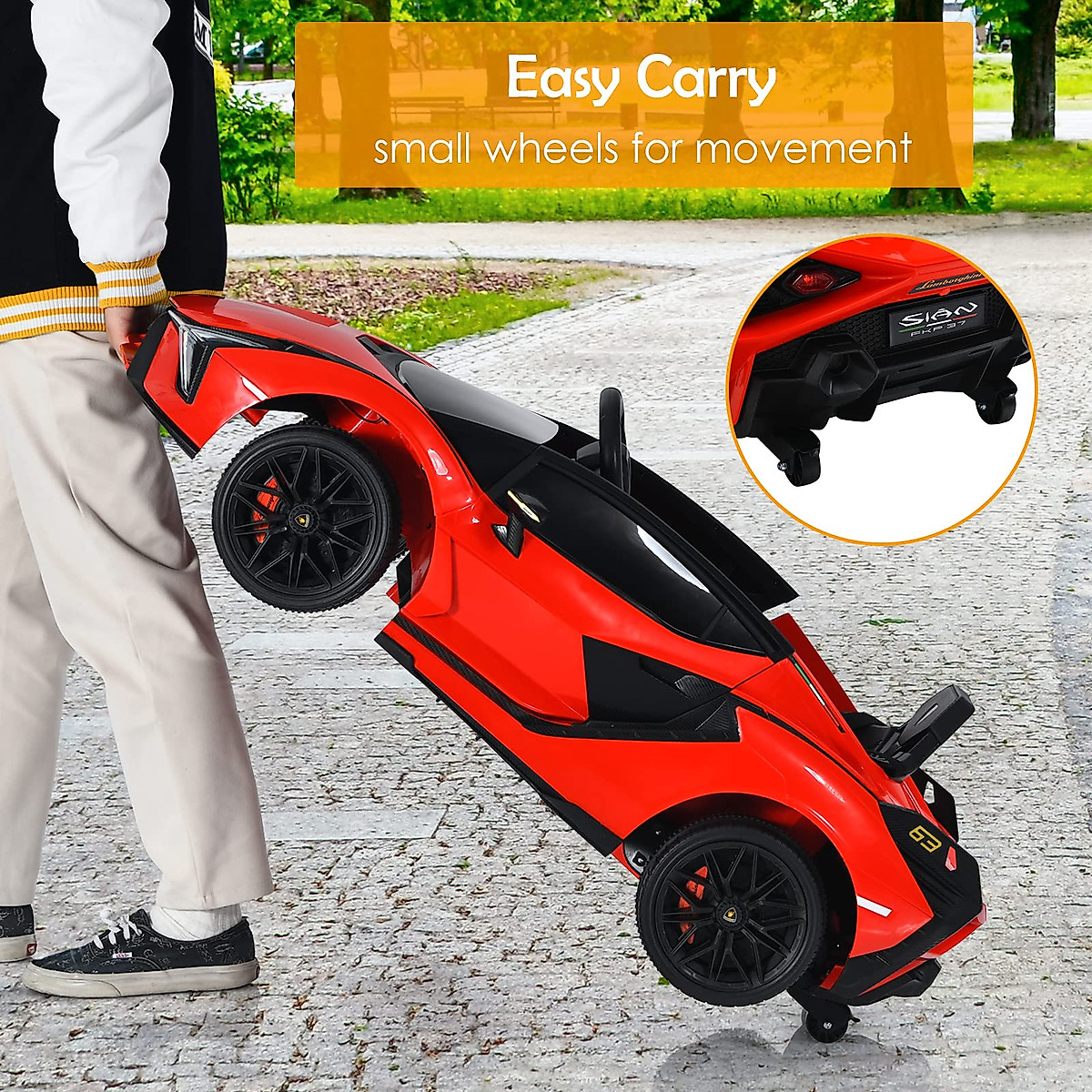 OLAKIDS Kids 12V Licensed Lamborghini SIAN Ride On Car, Electric Vehicle for Toddler with Control Remote, Battery Powered Toy with Music, Horn, 2 Speeds, Suspension, LED Lights, Bluetooth, USB (Red)