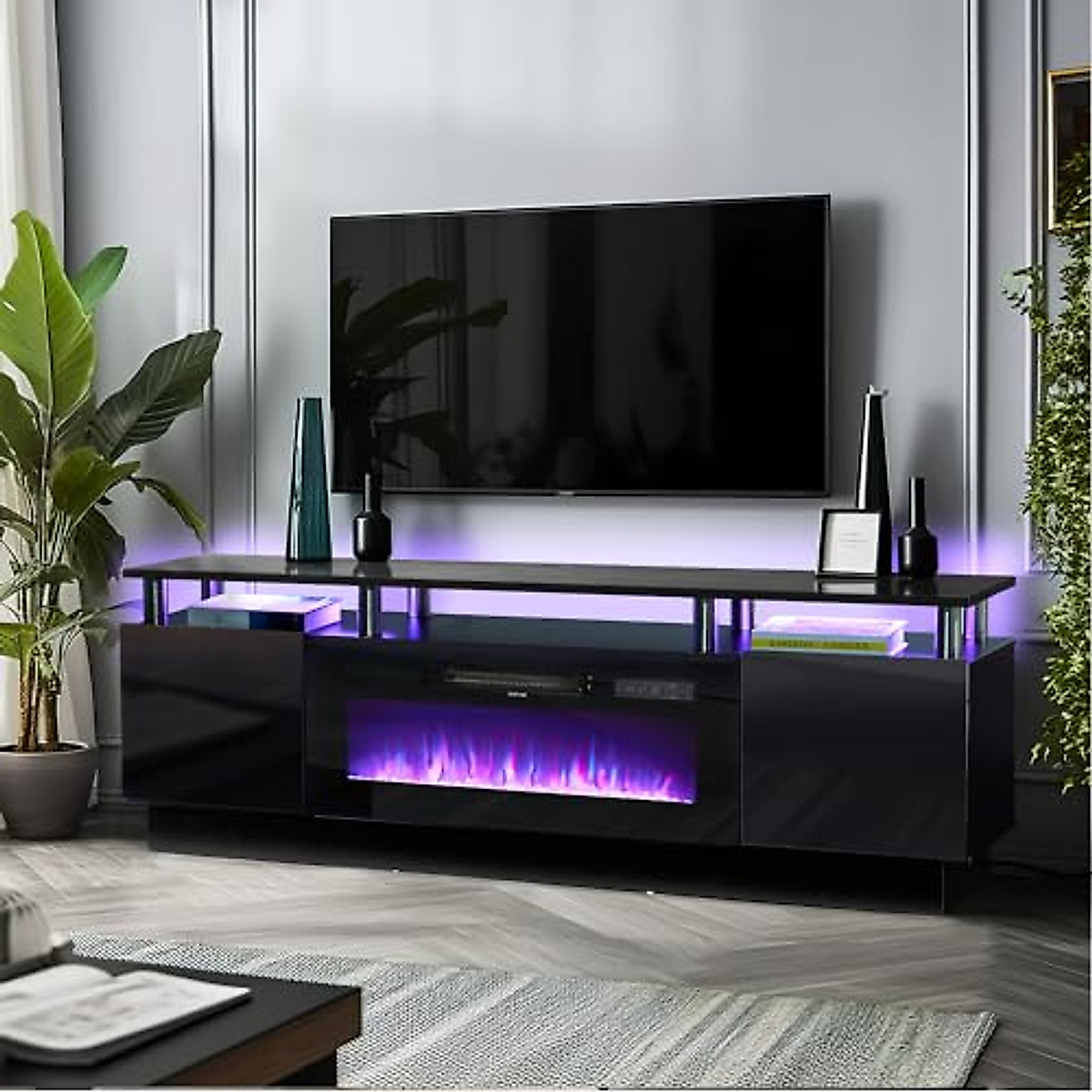 oneinmil Fireplace TV Stand with 36" Electric Fireplace,LED Light Entertainment Center,2 Tier TV Console Stand for TVs Up to 80",Fireplace for The Living Room TV Stand,Black