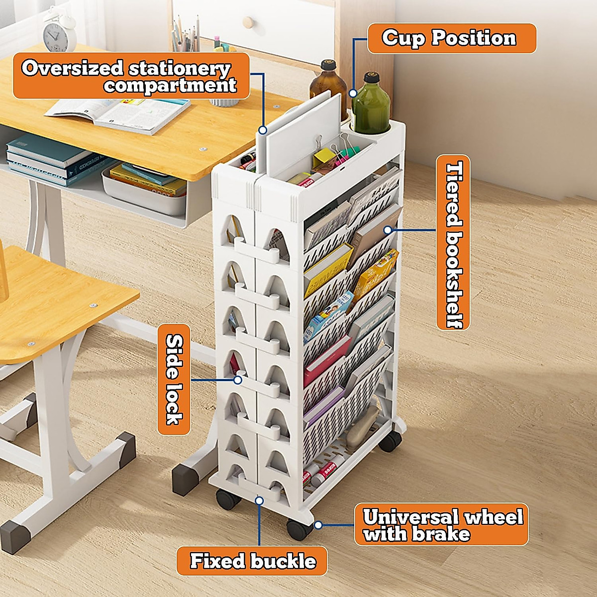 6 Tier Removable Movable Bookshelf, Mobile Unique Bookcase with Top partition Storage, Utility Organizer Green Bookshelves with Wheels for Students Study in Bedroom Living Room Home School,Green,70cm