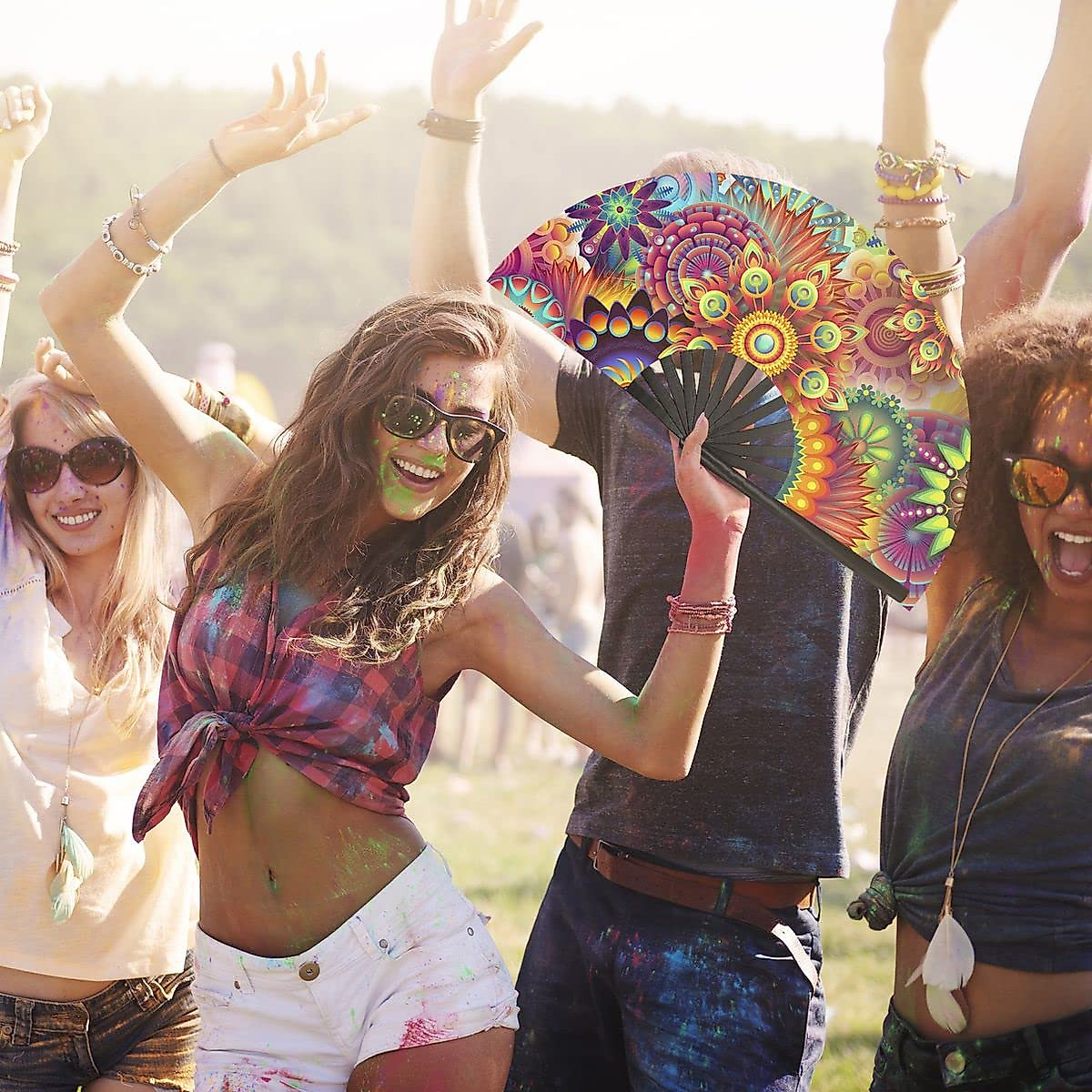 OMyTea UV Glow Rave Fan Foldable for Women/Men/Drag Queen - Large Clack Festival Folding Hand Fan - for EDM, Music Festival, Event, Party, Dance, Performance (Fantasy Flowers)