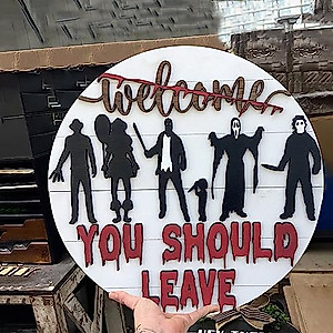 GUAGLL Horror Wooden Door Sign Welcome Sign, 12" Halloween Party Holiday Decoration Prop