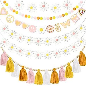 Groovy Party Decoration Garland 5Pcs, Groovy Hippie Banner Daisy Boho Tassel Garland Decor, Pre Strung Pom Pom Spring Party Supplies Hippie Party Decorations for Wall Window Home Room (Pink)
