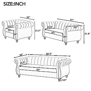 3-Piece Sofa Sets Living Room Sets with Solid Wood legs, Buttoned Tufted Backrest, Frosted Velvet Upholstered Couches Sets Including 3-Seat Sofa, Loveseat and Chair for Living Room (Green)