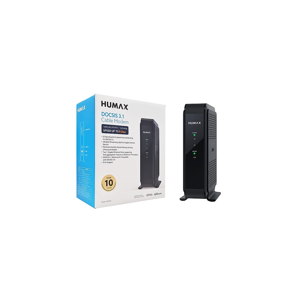 HUMAX HGD310 - DOCSIS 3.1 Cable Modem, Pairs with Any WiFi Router or Mesh WiFi, Approved for COX & Xfinity & Spectrum, Black, Max Internet Speed Plan 2000 Mbps