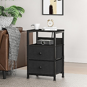 OELUBBY Nightstand with Charging Station & USB Ports, End Table with Fabric Drawers Storage Shelf, Sofa Bed Side Table Night Stand for Bedroom Living Room, Black