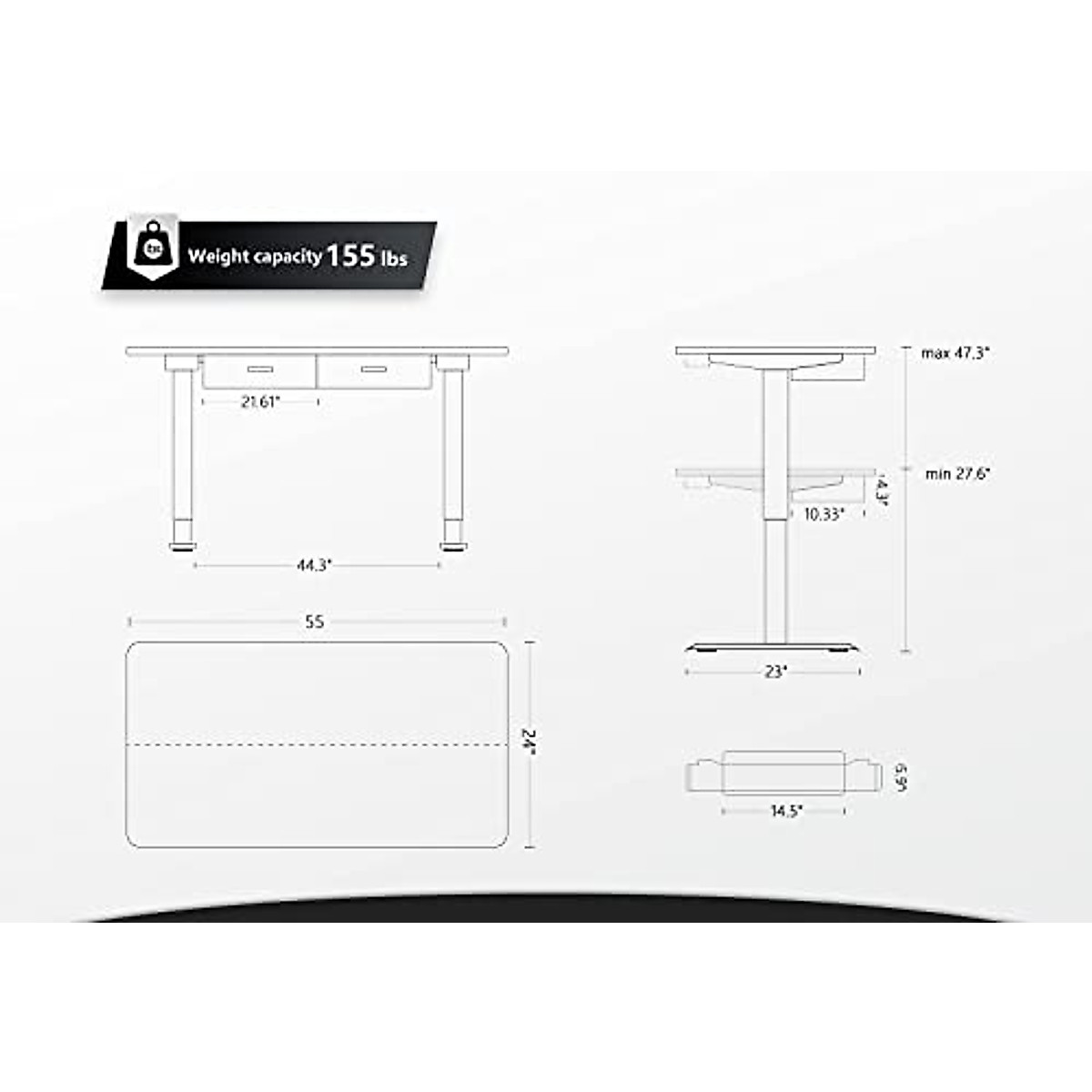 FEZIBO Adjustable Height Electric Standing Desk with Double Drawer, 55 x 24 Inches Stand Up Home Office Desk with Splice Tabletop, Black Frame/Black Top