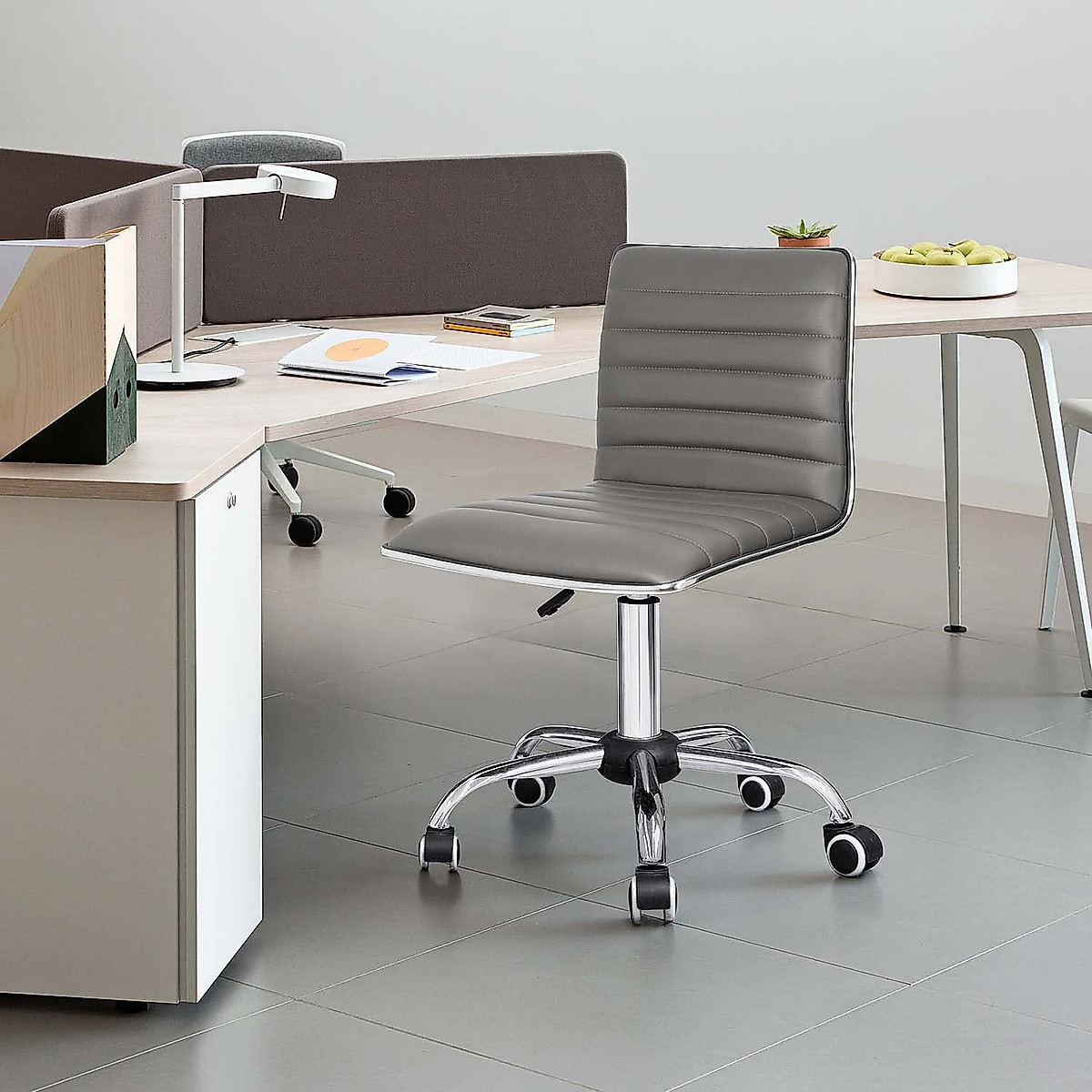 Homall Modern Adjustable Low Back Armless Ribbed Task Office Desk Vanity Swivel Rolling Leather Computer Conference Chair (Gray)