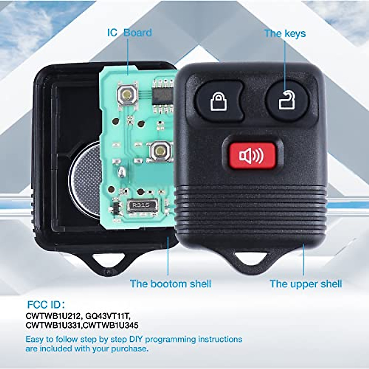 Car Keyless Entry Remote Key Fob Replacement for Ford 1998-2016 F150 F250 F350 Escape Expedition Explorer Ranger /Mazda /Lincoln CWTWB1U331 CWTWB1U345 3Button Pack of 2