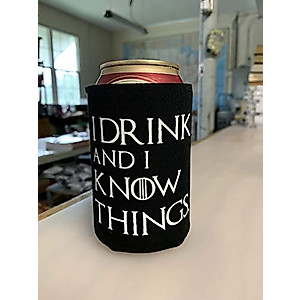 Cool Coast Products | Tyrion Lannister | Black Coolie | Drink and Know Things | Funny Novelty Hugger Coolie Huggie - Fantasy Drama Theme | Beer Gifts | Neoprene Can Cooler (Black Coolie)