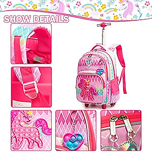 Meetbelify Cute Unicorn Rolling Backpack for Girls Backpacks with Wheels for Elementary Kids Pink Suitcase Set Travel Laptop Luggage for Girls Age 6-8