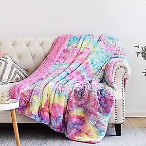 NEWCOSPLAY Super Soft Faux Fur Throw Blanket Premium Sherpa Backing Warm and Cozy Throw Decorative for Bedroom Sofa Floor (Dark Rainbow, Throw(50"x60"))