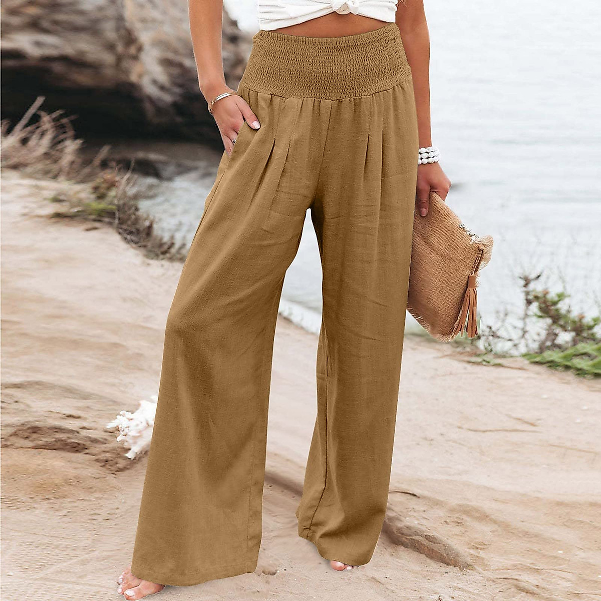 Warehouse Deals Today Boho Pants for Women Women Palazzo High Waisted Linen Pants Casual Elastic Waist Wide Leg Pants Trousers Baggy Slacks with Pockets Yellow XL