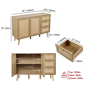 Anmytek Rattan Sideboard Buffet Cabinet with 2 Doors and 3 Drawers, Buffet Cabinet with Storage Wood Credenza Storage Cabinet for Living Room Dining Room Hallway Kitchen, Natural Oak H0088