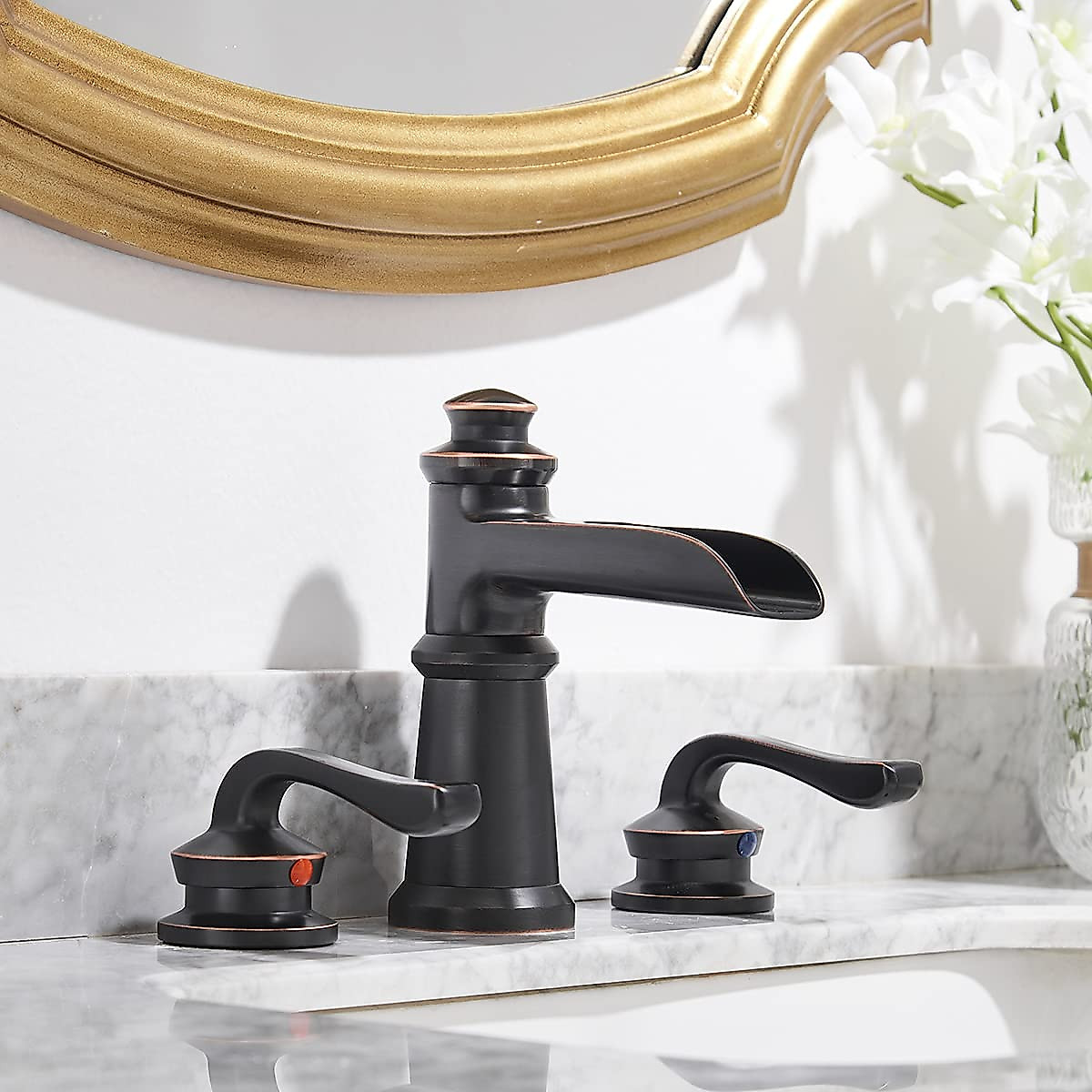 Homevacious Widespread Bathroom Faucet Oil Rubbed Bronze Waterfall 2-Handle with Pop up Drain Assembly Farmhouse 3 Holes 8-16 Inch Sink Rustic Mixer Tap Overflow Commercial Supply Lead-Free