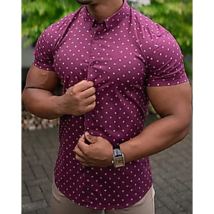 Mens Polka Dot Shirt Muscle Fit Button Down Short Sleeve Button Up Dress Shirts Purple S
