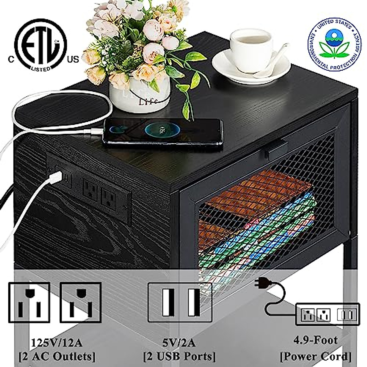 LEBOAHOUS Black Nightstands Set of 2 with Charging Station and USB Port, 3 Tier Industrial Night Stand, Bedside Table with Flip Storage Drawer and Open Shelf, End Side Table for Bedroom, Office, Dorm