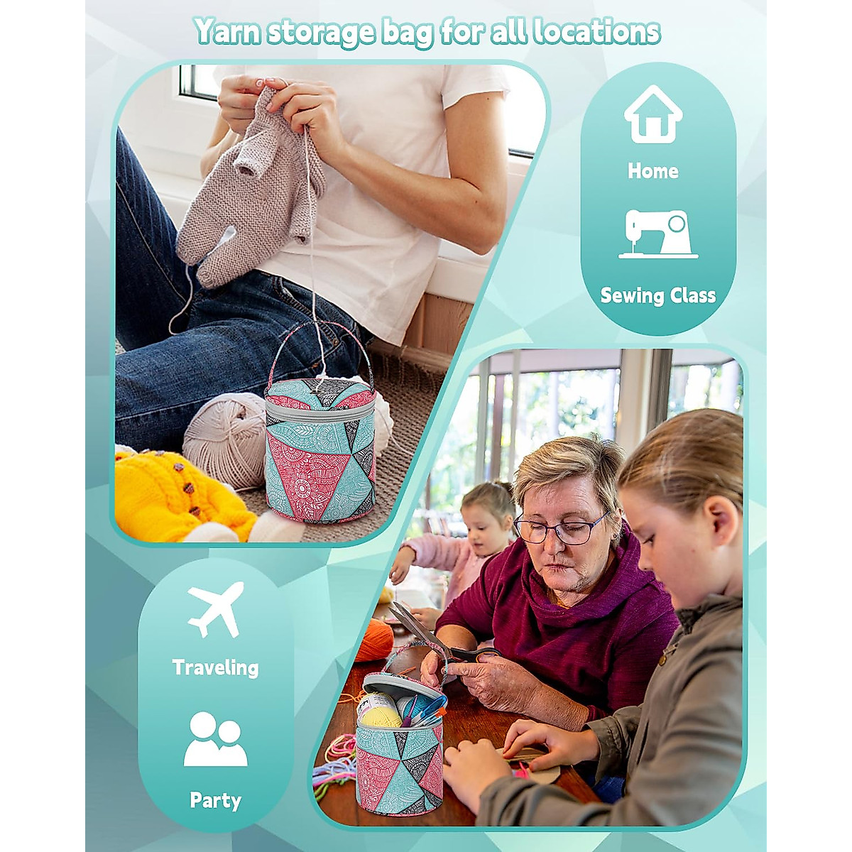 Coopay Small Yarn Storage Bag, Mini Knitting Bag Yarns Drum Case for Carry Yarn Ball, Crochet Kits, Knitting Supplies and Sewing Accessories, for Beginner, Crocheter and Crafter, Blue