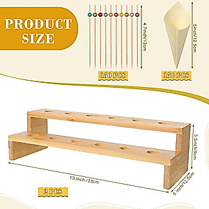 150 Disposable Wooden Cones with 2 Pack 12 Holes Ice Cream Cone Display Stand Charcuterie Cones Holder Stand 150 Fancy Toothpicks for Appetizers Wedding Decoration（Brown）