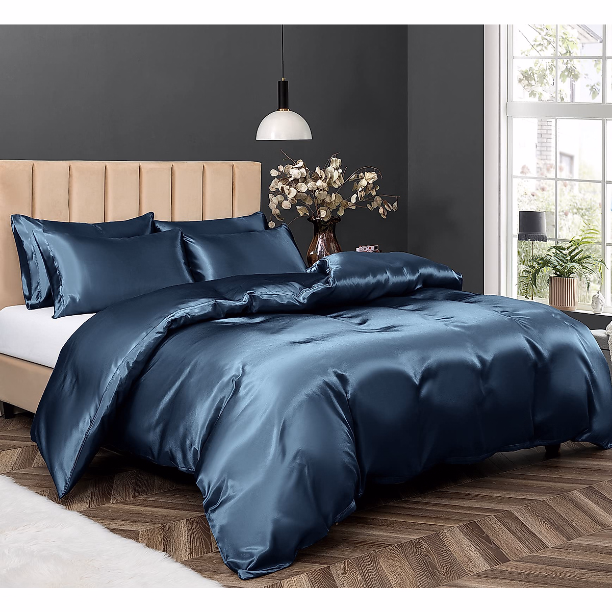 SKS Linen 100% Mulberry Silk Duvet Cover Set - 3-Piece Set - 22 Momme Grade 6A Mulberry Silk - Features Zipper Closure and Corner Ties, Twin 68" x 90"- Navy Blue Solid