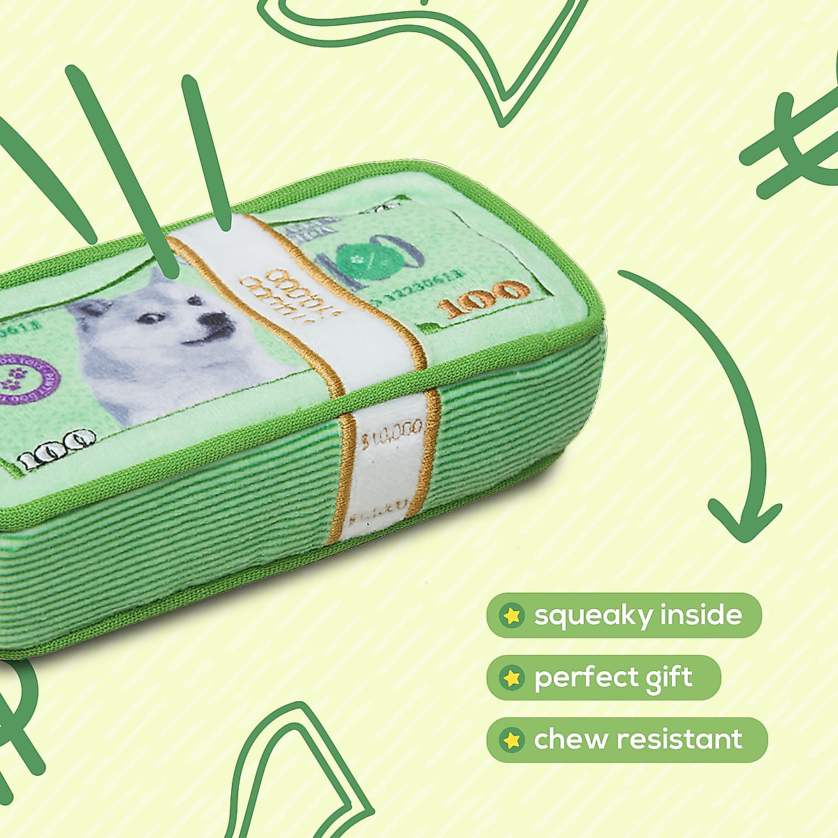 Pawty Dog Toys - Cash Money Dog Toy - Plush Cute Unique Parody Toy with Squeaker - Funny Birthday Gift Small Medium Dogs Premium Quality - Unique Design