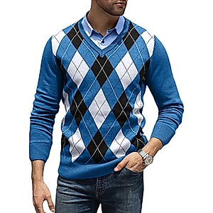 JMIERR Mens Pullover Knitted V Neck Long Sleeve Argyle Sweater, US 43(L), Sky Blue
