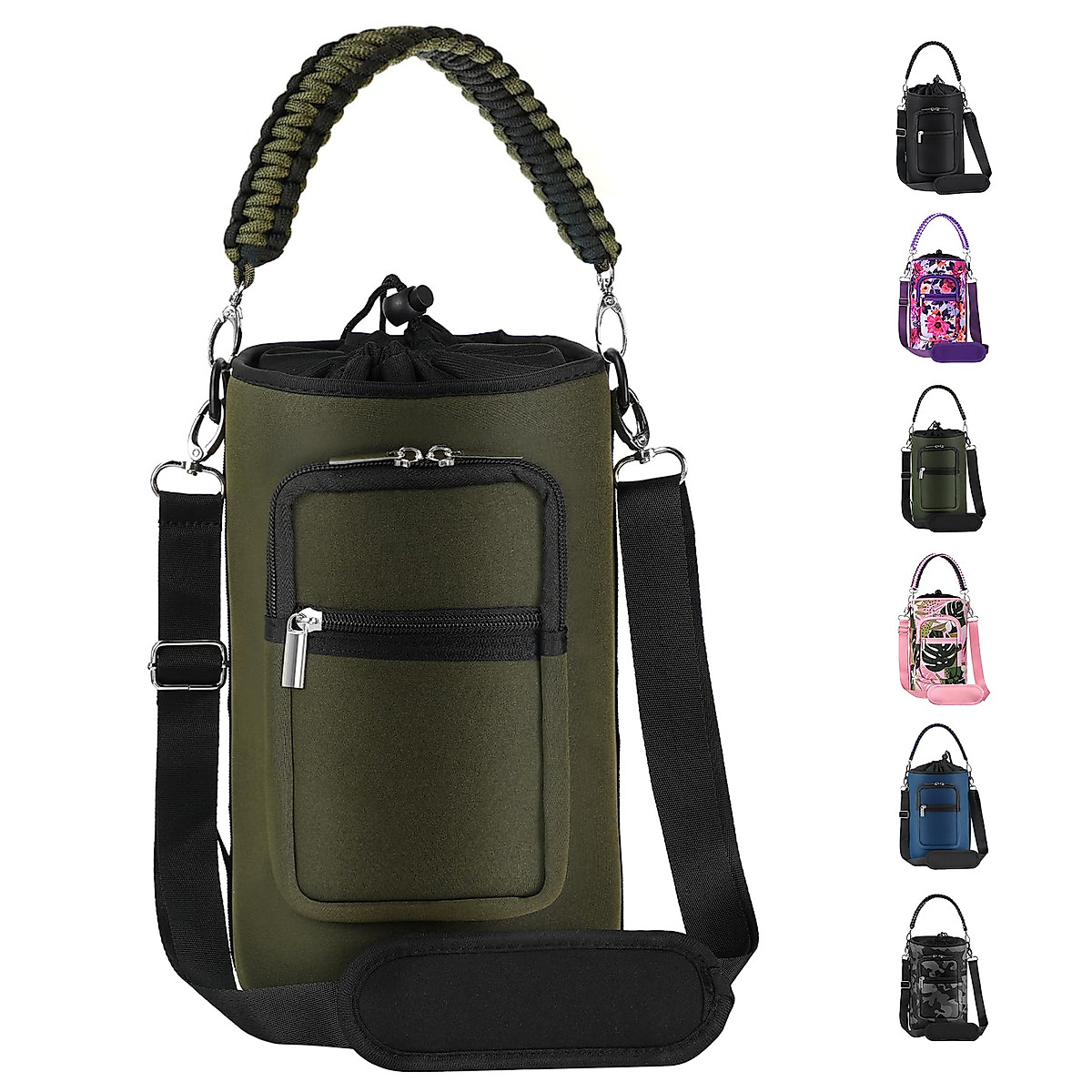 AceTreker 64/87/128 oz Neoprene Water Bottle Sleeve, Half Gallon/One Gallon Sling Carrier Bag for Vacuum Metal Steel Water Jug with Adjustable Shoulder Strap, Paracord Handle and 2 Pocket-Green