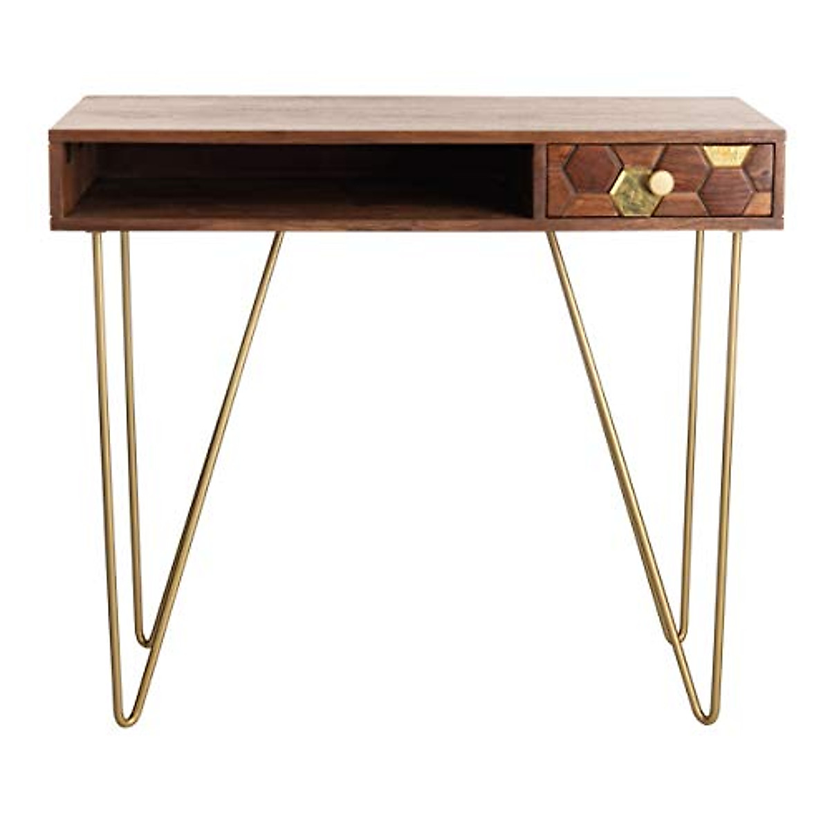 Safavieh Home Office Raveena Modern Natural Acacia and Brass 1-drawer Hairpin Leg Desk