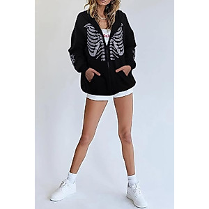MOUSYA Women’s Skeleton Oversized Zip Up Hoodie Y2k Skull Sweashirt Rhinestone Graphic Hoodies Fall Long Sleeve Pullover Tops Black