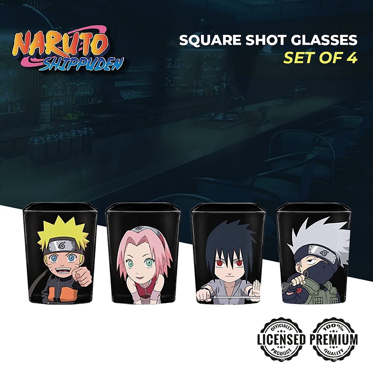 JUST FUNKY Naruto Shippuden Shot Glasses Set of 4 | Durable & Dishwasher Safe | 2 Oz Cubic Shot Glasses Featuring Naruto, Sasuke, Kakashi, Sakura | Officially Licensed
