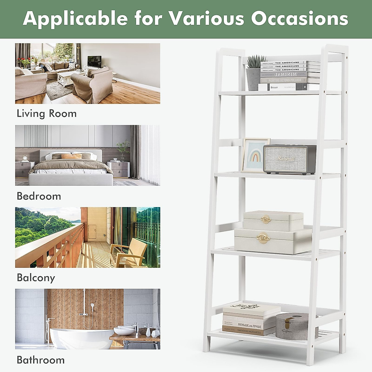 COSTWAY 4-Tier Ladder Shelf, 47.5'' Bamboo Plant Stand Rack, Freestanding Bookshelf, Multifunctional Plant Display, Storage Shelves, Flower Stand Rack Holder for Living Room Balcony, Bedroom (White)