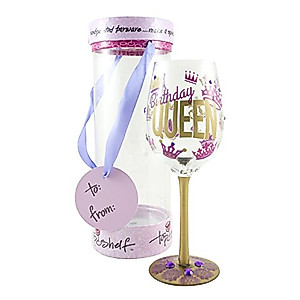 Top Shelf “Birthday Queen” Decorative Wine Glass ; Funny Gifts for Women ; Hand Painted Purple and Gold Design ; Unique Red or White Wine Glasses