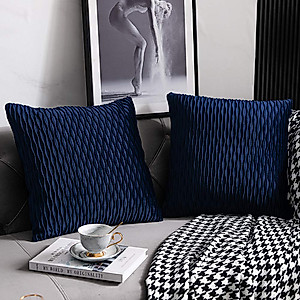 DEZENE Navy Striped Couch Pillow Cases: 2 Pack 22x22 Inch Original Velvet Square Throw Pillow Covers for Farmhouse Home Decor