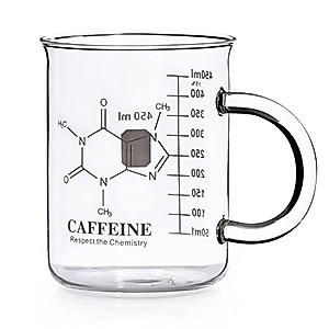 Caffeine Beaker Mug, Caffeine Molecule Mug - Chemistry Mug 16 oz Borosilicate Glass Coffee Mugs with Handle and Measuring for Coffee, Latte, Tea or Hot and Cold Beverage, Tea Coffee Mug by Amugo