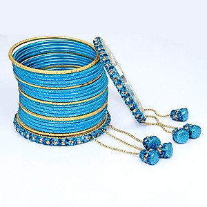 Ratna Indian Bollywood Bangles Women Wedding & Party Wear Pakistani Matching Outfit Color Latken Dangle Drop Bridal Bangle Set Pair Jewelry (Firozi, 2.4)