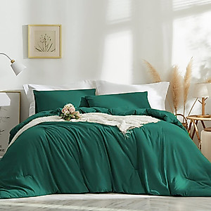 Wellboo Emerald Green Comforter Sets Queen Solid Dark Green Bedding Comforters Cotton Modern Plain Hunter Green Quilts Bedding Women Men Dark Forest Green Dorm Blankets Soft Durable Boho Green Bedding